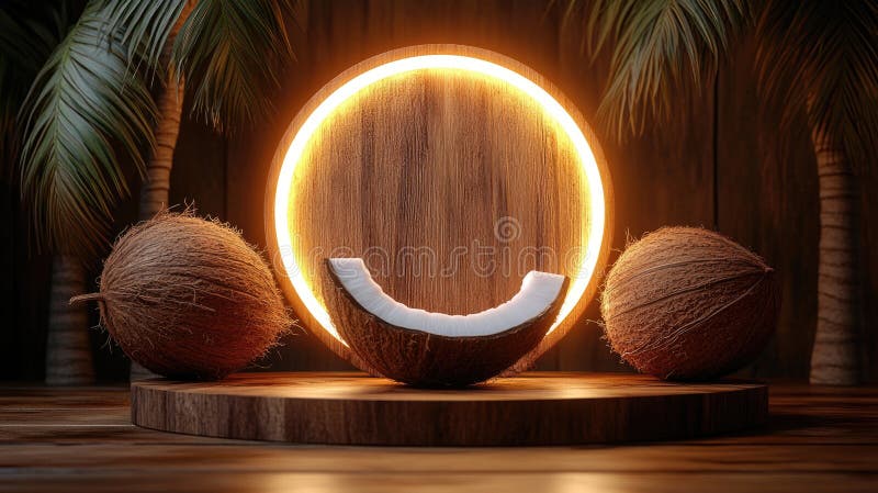 Tropical Coconut Display with Glowing Halo on Wooden Platform Stock ...