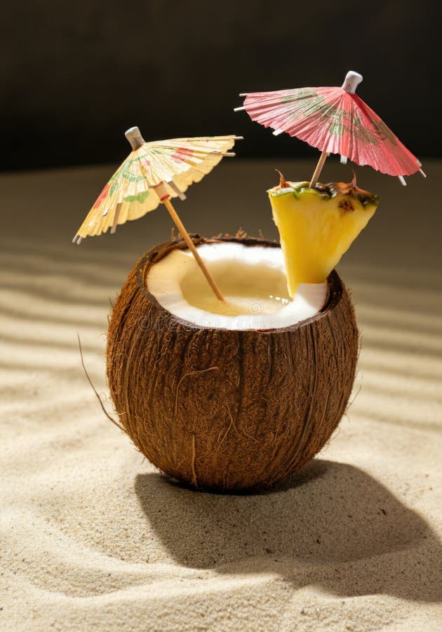 Tropical Coconut Drink with Pineapple Slice and Umbrellas on Sandy ...