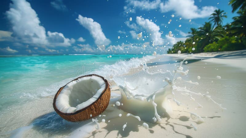 Tropical Coconut Explosion Milk Splashes on Sandy Beach with Blue Sea ...