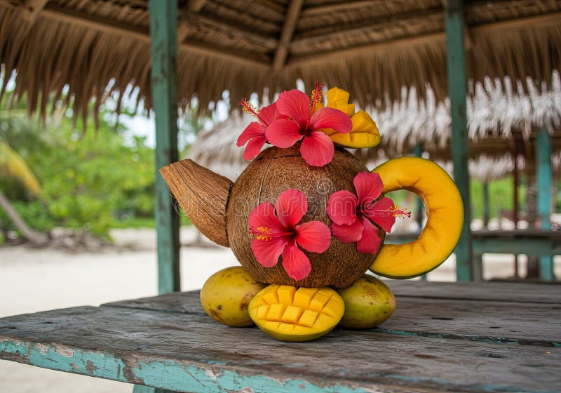 Tropical Coconut Teapot with Hibiscus and Mango on Rustic Beach Table ...