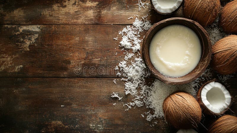 Tropical Coconut Theme, a Wooden Table with Coconut Milk, Coconuts, and ...