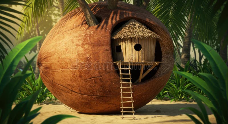 Tropical Coconut Treehouse in Jungle Setting with Wooden Ladder Stock ...