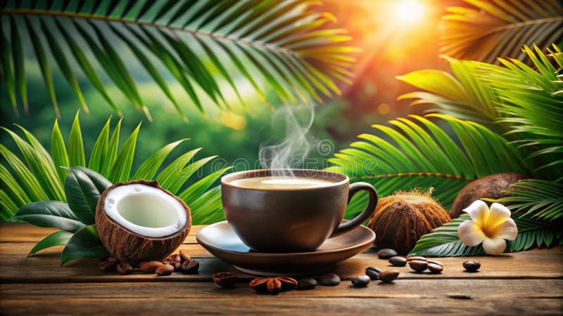 Tropical Coffee Break Steaming Cup, Coconut, and Coffee Beans on Wooden ...