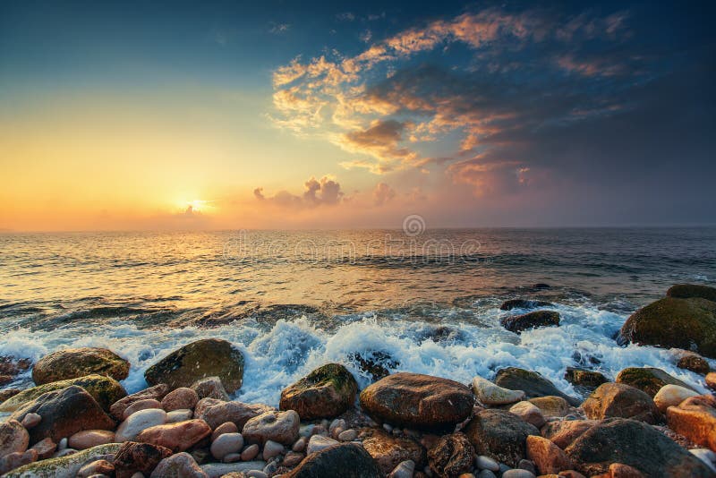 Tropical Colorful Sunrise at the Stones Beach. Stock Image - Image of ...