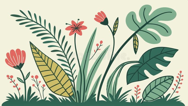 Tropical Corner Design with Lush Foliage and Vibrant Flowers Vector ...