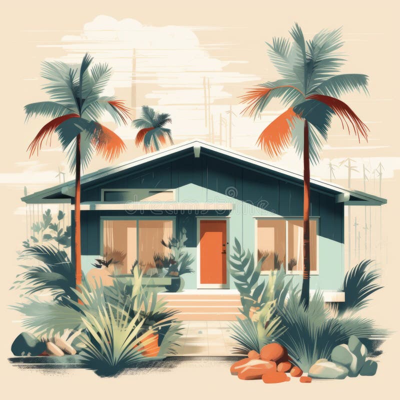 Tropical Cottage Colors: Mid-century Style Illustration Vector Stock ...