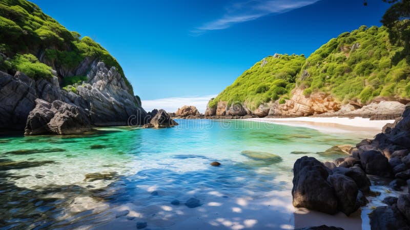 A Tropical Cove with Sparkling Water and a Beautiful Beach Stock ...