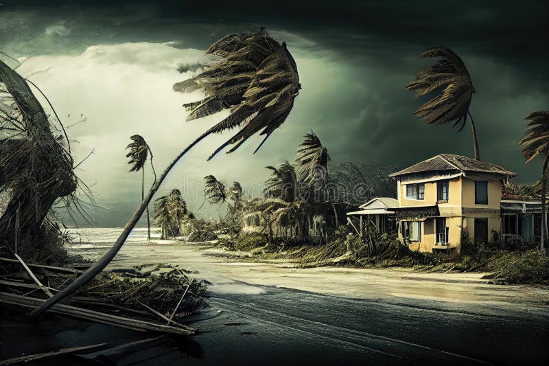 Tropical Cyclone Approaching Land, with Buildings and Trees in the ...