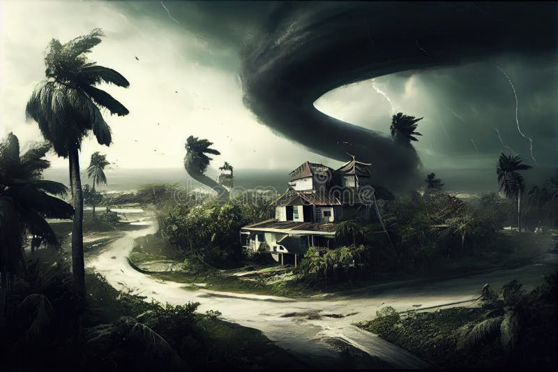 Tropical Cyclone Approaching Land, with Buildings and Trees in the ...