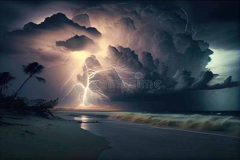 Tropical Cyclone, with Cloud Formations and Lightning Visible, Striking ...