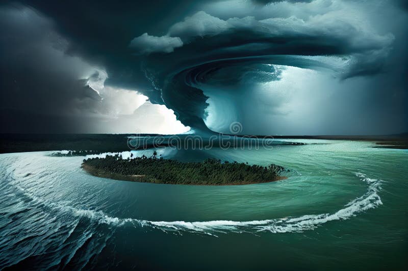 Tropical Cyclone, Hovering Over Tranquil Lake, with Rolling Waves and ...