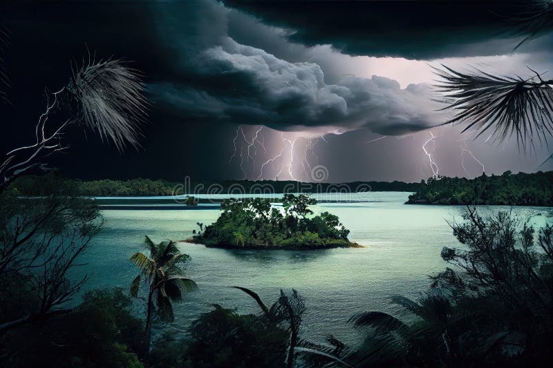 Tropical Cyclone, with Its Storm Clouds and Lightning, Over View of ...