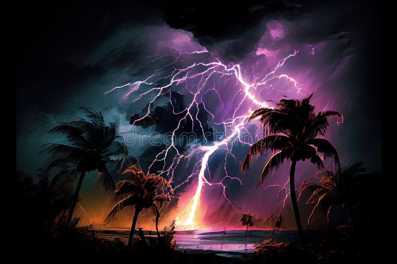 Tropical Cyclone, with Lightning and Thunder in the Night Sky Stock ...
