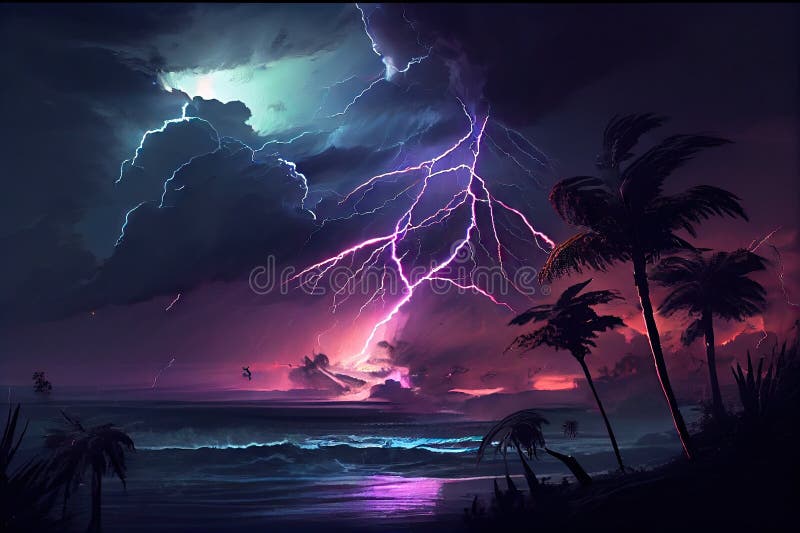 Tropical Cyclone with Lightning Storm in the Distance Stock ...