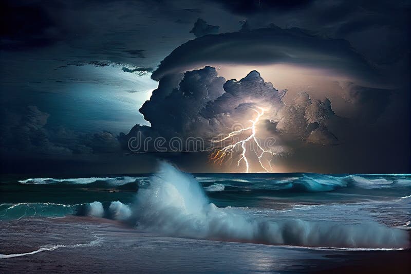 Tropical Cyclone with Lightning Storm, Rolling Across the Ocean Stock ...