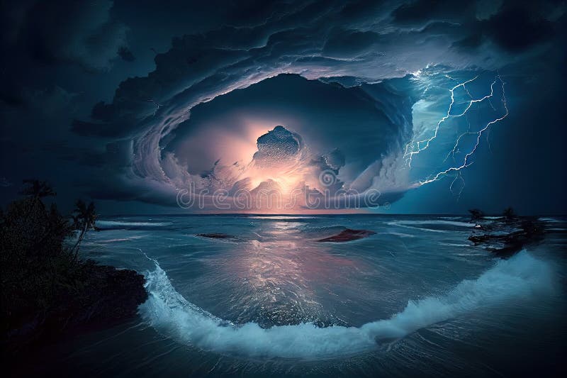 Tropical Cyclone with Lightning Storm, Rolling Across the Ocean Stock ...