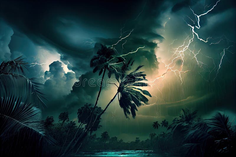 Tropical Cyclone, with Lightning Striking Over the Stormy Sky Stock ...