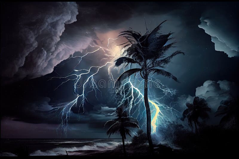 Tropical Cyclone, with Lightning and Thunder in the Night Sky Stock ...