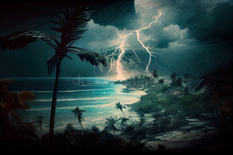 Tropical Cyclone, with Lightning and Thunderstorm, Over Tropical Island ...
