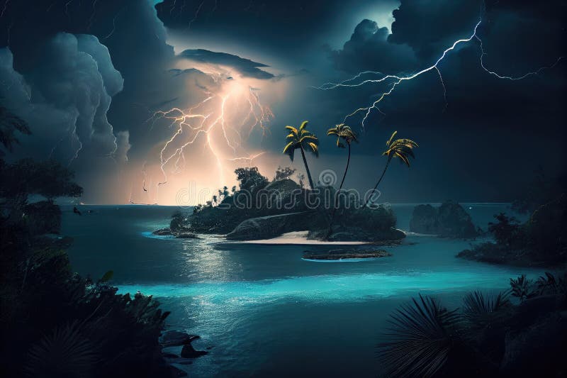 Tropical Cyclone, with Lightning and Thunderstorm, Over Tropical Island ...