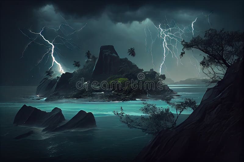 Tropical Cyclone, with Lightning and Thunderstorm, Over Tropical Island ...