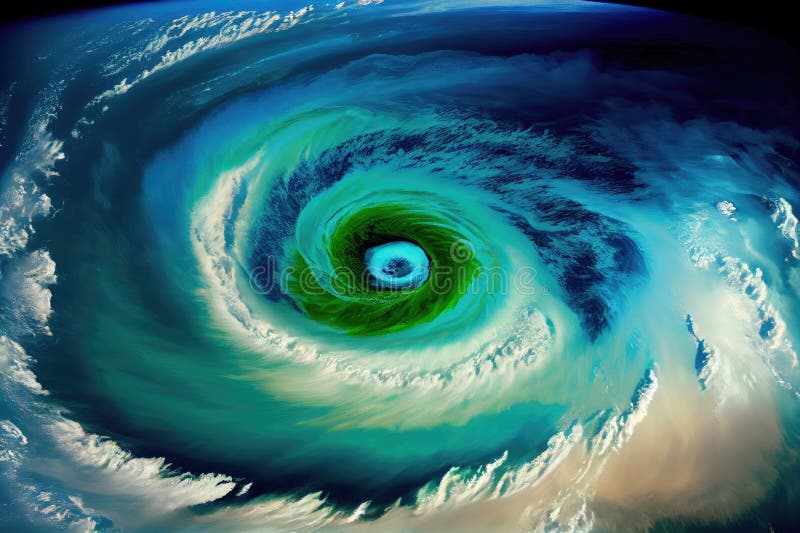 Tropical Cyclone Moving Over Green and Blue Ocean, with White Clouds in ...