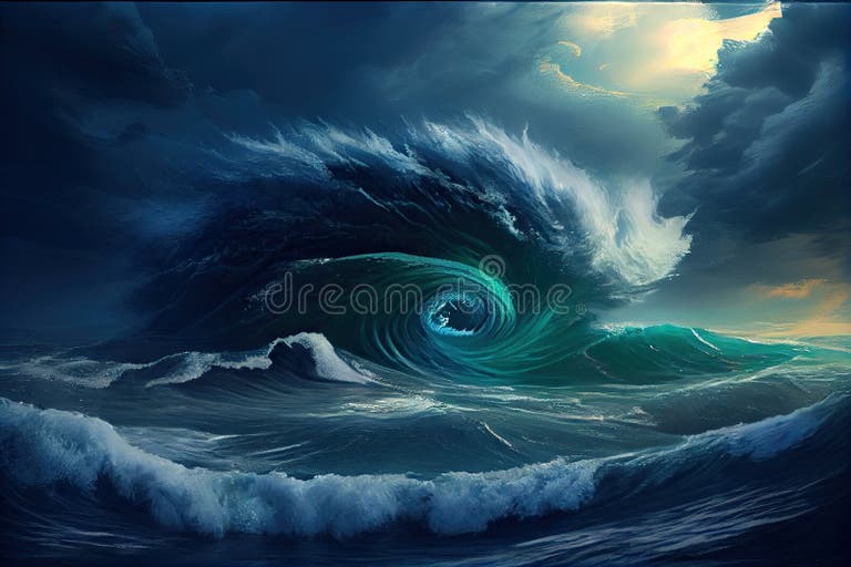 Tropical Cyclone Spinning Over Calm Ocean, with Waves Rolling in Stock ...