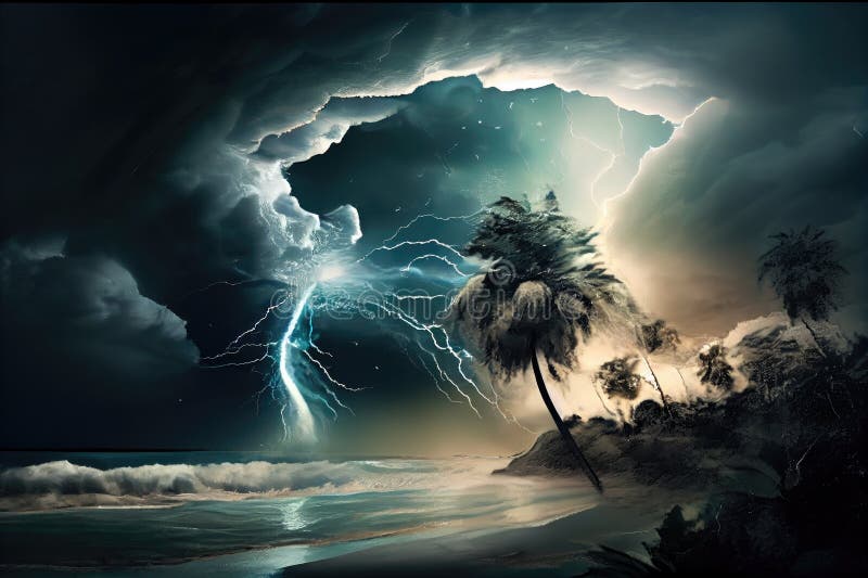 Tropical Cyclone, with Lightning and Thunderstorm, Over Tropical Island ...