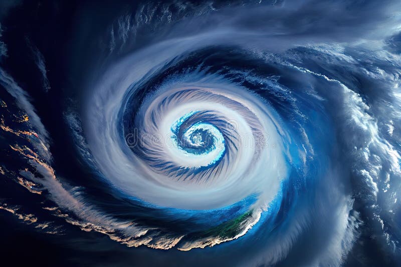 Tropical Cyclone, with Visible Swirls of Clouds and Rain, Against Blue ...