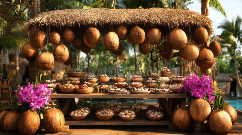 Tropical Dessert Buffet Display with Coconuts and Orchids Stock ...