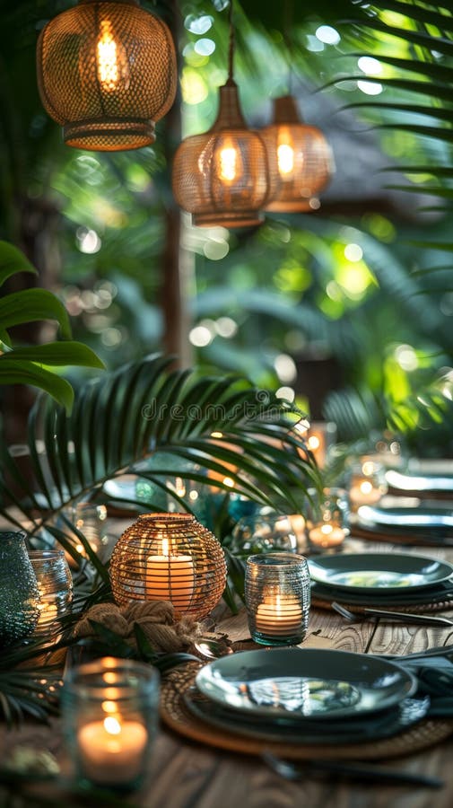 Tropical Dining Setup with Lanterns, Ideal for Event Planning or ...