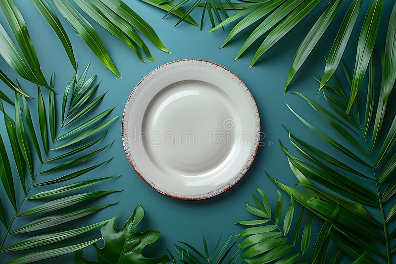Tropical Dinnerware Concept with White Plate Surrounded by Palm Leaves ...