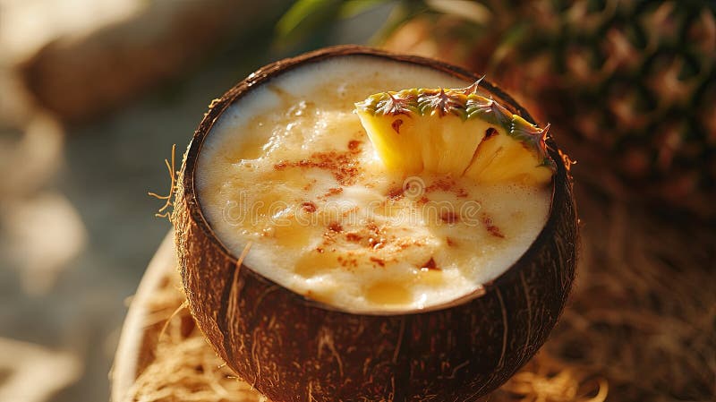 A Tropical Drink in a Coconut Shell with a Slice of Pineapple, Styled ...