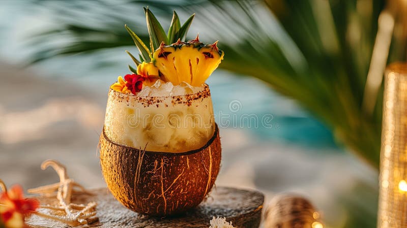 A Tropical Drink in a Coconut Shell with a Slice of Pineapple, Styled ...