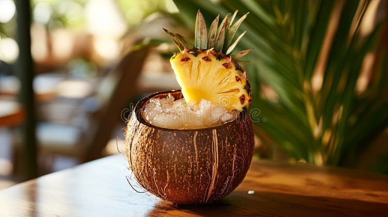 A Tropical Drink in a Coconut Shell with a Slice of Pineapple, Styled ...