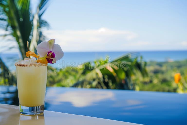 Tropical Drink with an Orchid, Infinity Pool View Stock Image - Image ...