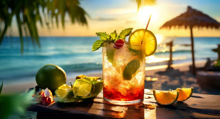 Refreshing Pause in Paradise: Tropical Drinks on a Sunny Beach Stock ...