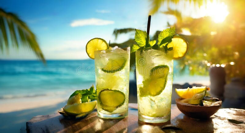 Refreshing Pause in Paradise: Tropical Drinks on a Sunny Beach Stock ...