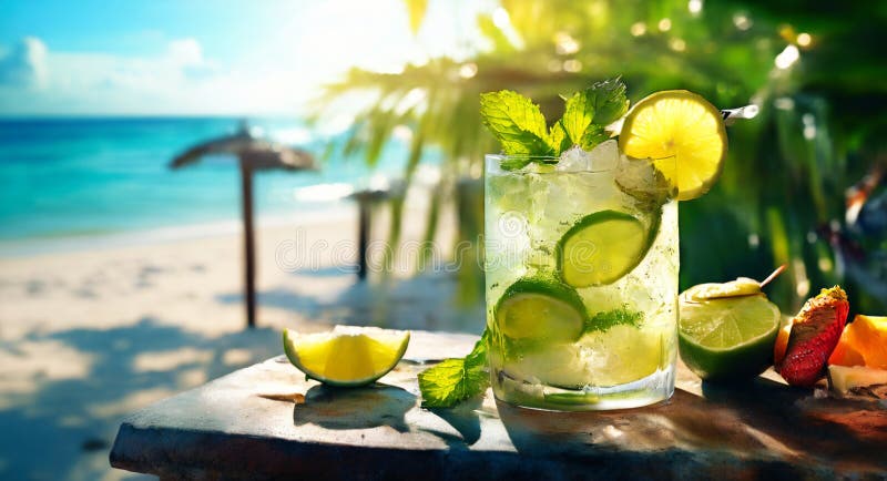 Refreshing Pause in Paradise: Tropical Drinks on a Sunny Beach Stock ...