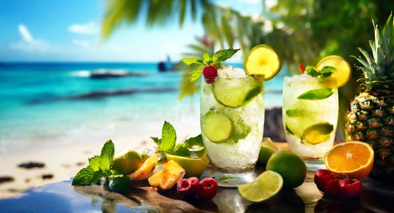 Refreshing Pause in Paradise: Tropical Drinks on a Sunny Beach Stock ...