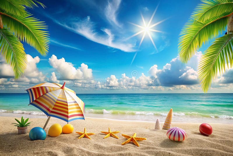 Tropical Easter Beach Scene with Eggs, Umbrella, and Starfish Stock ...
