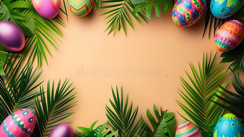 Tropical Easter Celebration with Decorated Eggs and Palm Leaves. Frame ...