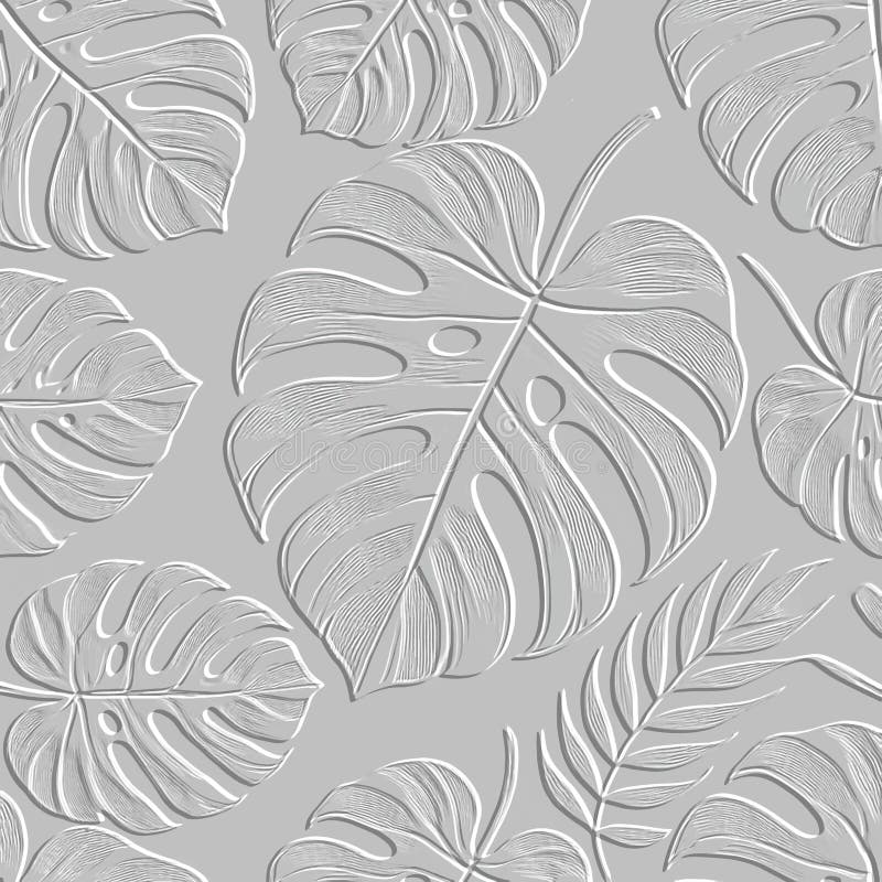 Tropical Emboss Textured Surface White 3d Monstera Leaves Pattern ...