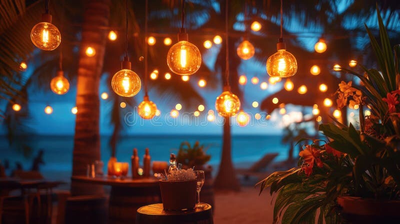 Hammock Tropical Beach Sunset Palm Trees Lights Stock Photos - Free ...