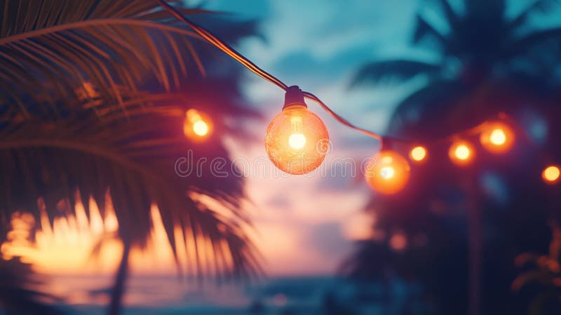 Tropical Evening Scene with String Lights and Palm Trees at Sunset ...