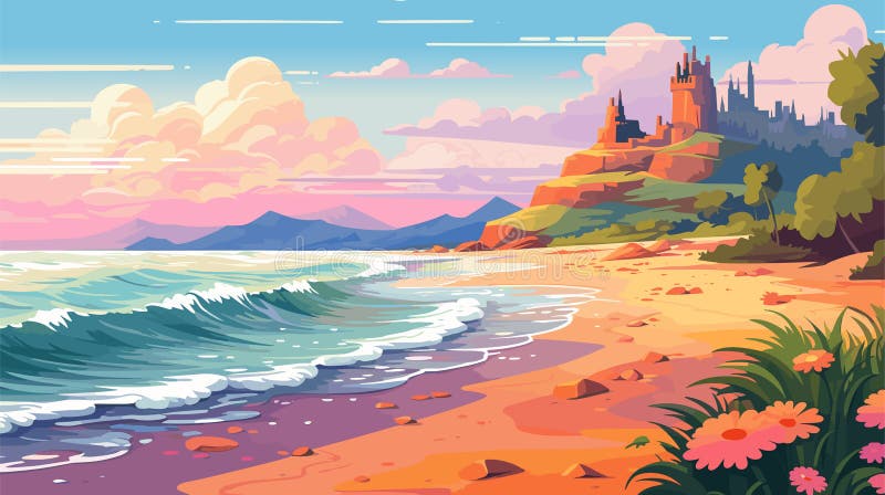 Tropical Fantasy Beach Summer Background, Vector Illustration, Seaside ...