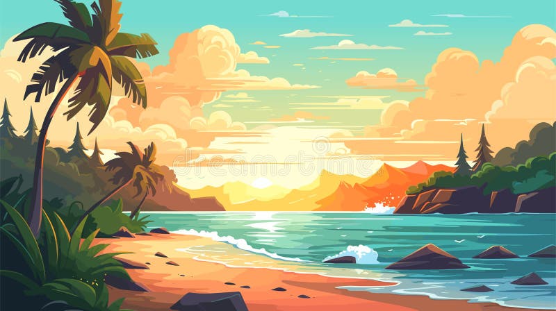Tropical Fantasy Beach Summer Background, Vector Illustration, Seaside ...