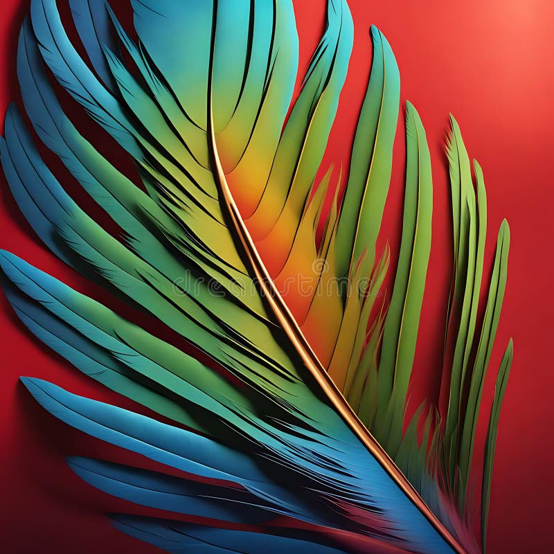 Radiant Tropical Feather with Rainbow Gradient on Red Stock ...