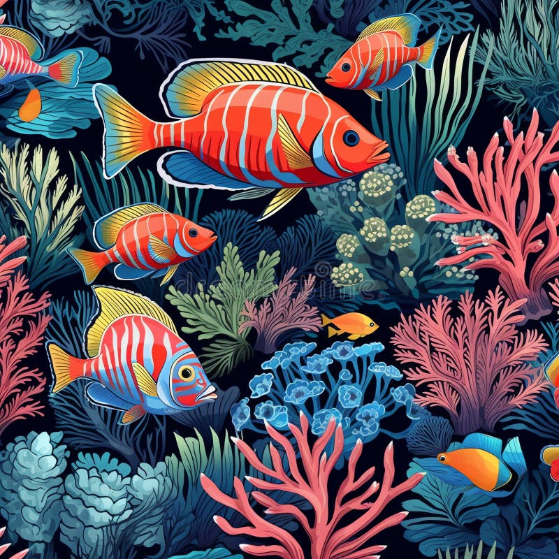 Tropical Fish and Coral Background, Design Seamless Pattern Stock ...