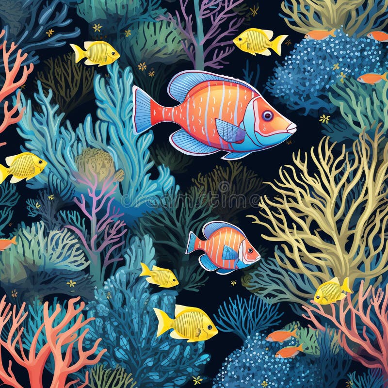 Tropical Fish and Coral Background, Design Seamless Pattern Stock ...